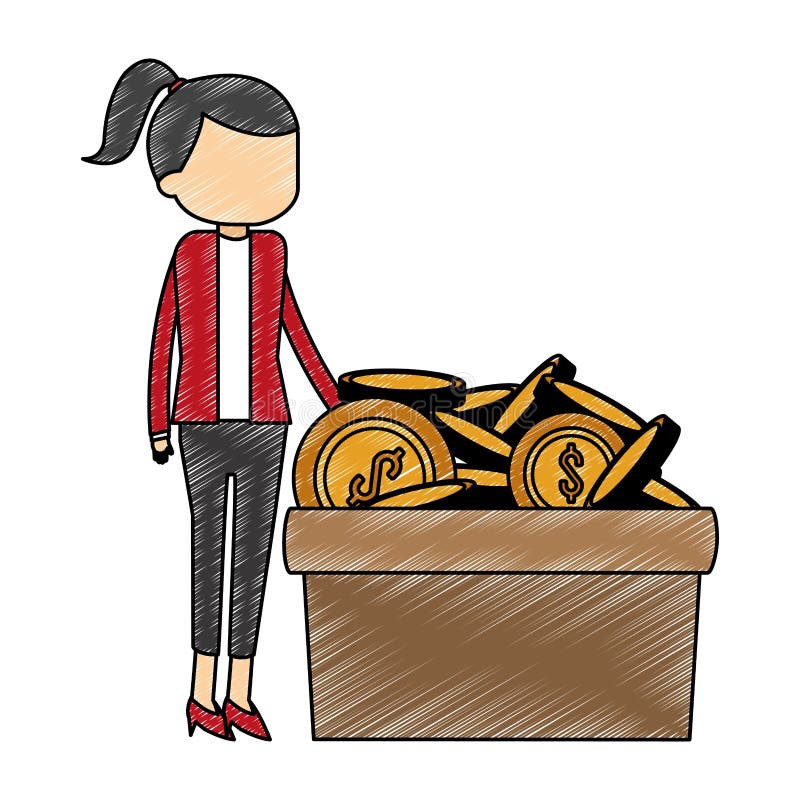Businesswoman and Coins Inside Box Scribble Stock Vector - Illustration ...