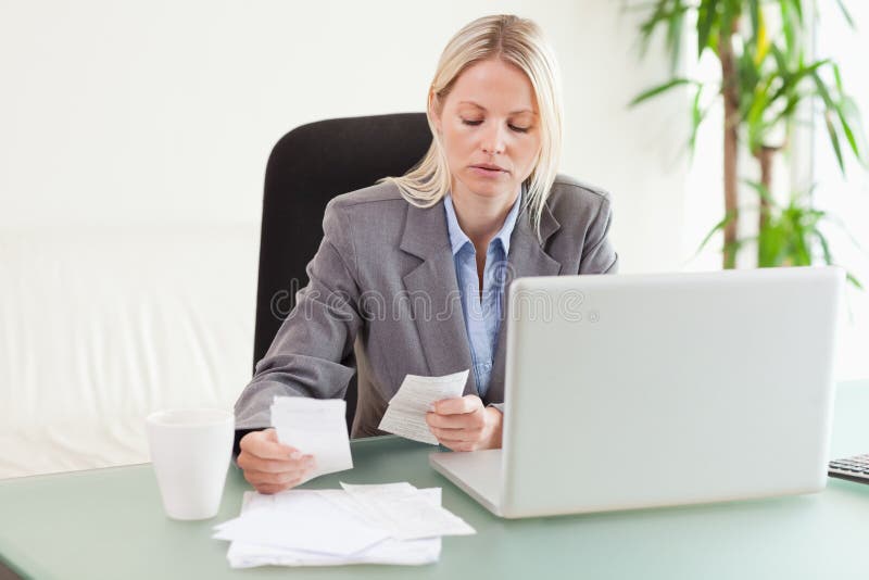Businesswoman Comparing Bills Stock Image - Image of work, business ...