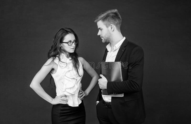 Businesswoman Confront Businessman Dark Background, Confrontation Stock ...
