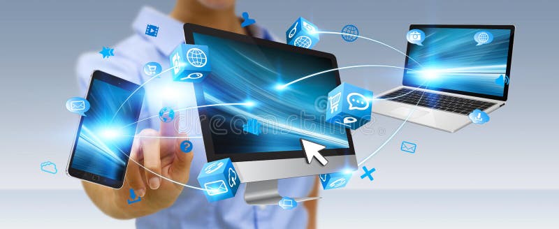 Businesswoman Connecting Tech Device in His Hand Stock Illustration ...