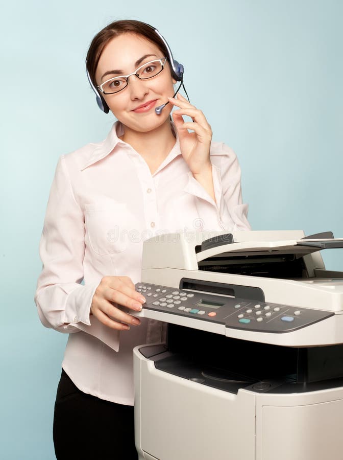 Businesswoman with Copier Thinking Stock Photo - Image of scan, print ...