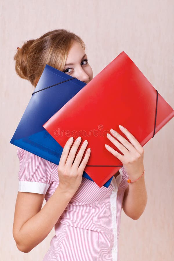 Businesswoman Covered His Face Folders Stock Photo - Image of happy ...