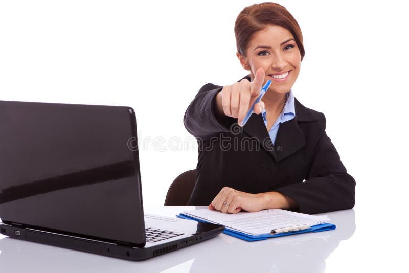 Businesswoman at Desk Pointing Stock Image - Image of people, beauty ...