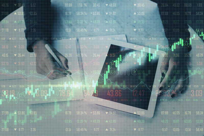 Businesswoman, Digital Tablet and Business Chart Screen with Going Up ...