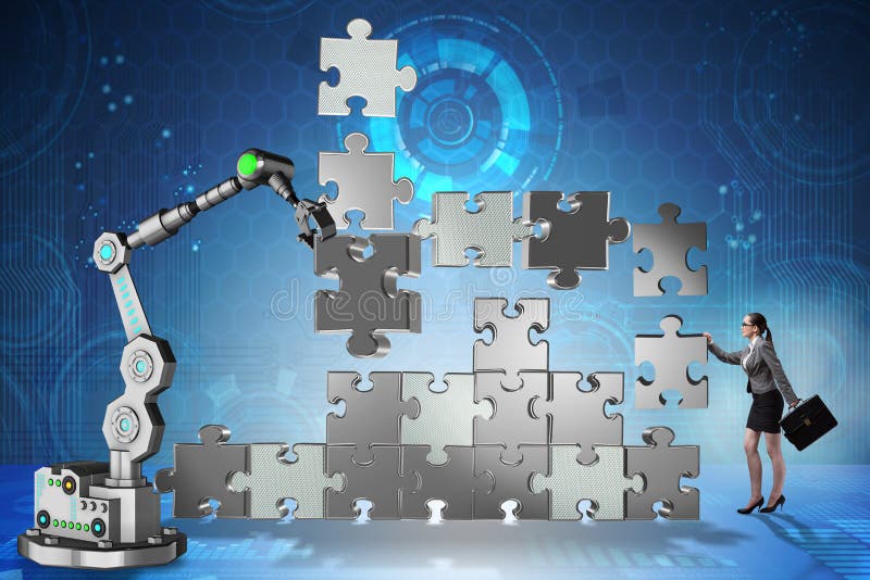 The Businesswoman Doing Jigsaw Puzzle with Robotic Arm Stock ...