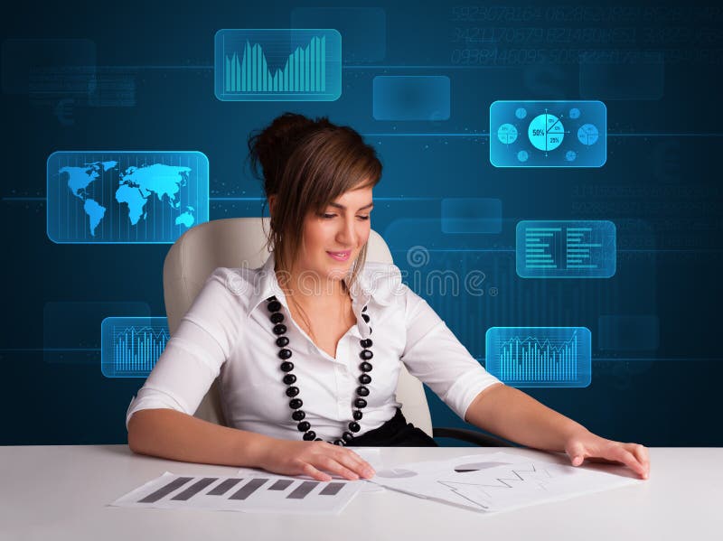 Businesswoman Doing Paperwork with Digital Background Stock Image ...