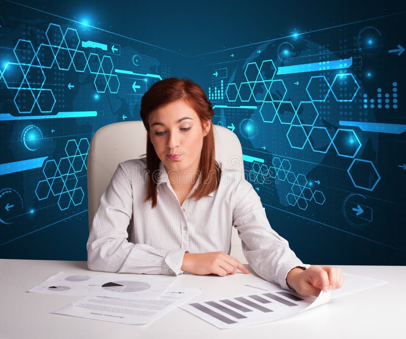 Businesswoman Doing Paperwork with Futuristic Background Stock Image ...