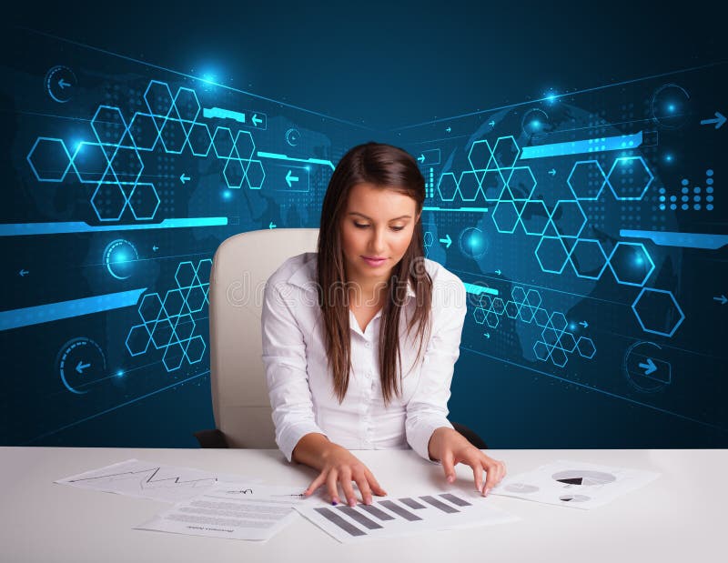 Businesswoman Doing Paperwork with Futuristic Background Stock Image ...