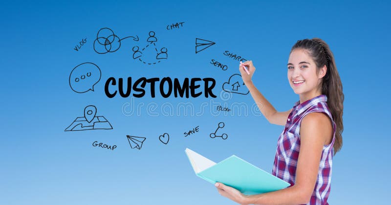 Businesswoman Drawing Icons by Customer Text on Screen Stock ...