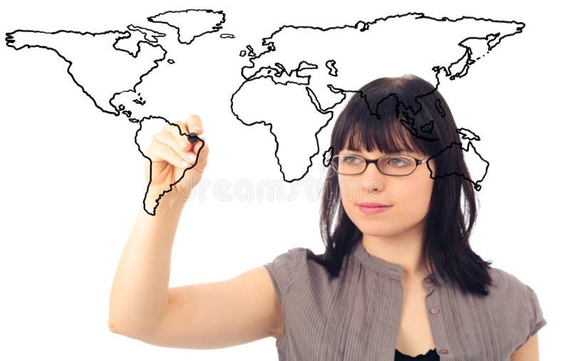Businesswoman Drawing a World Map Stock Image - Image of european ...