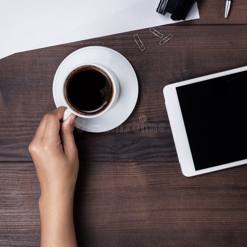 Businesswoman Drinks Coffee at Her Office Desk Stock Image - Image of ...