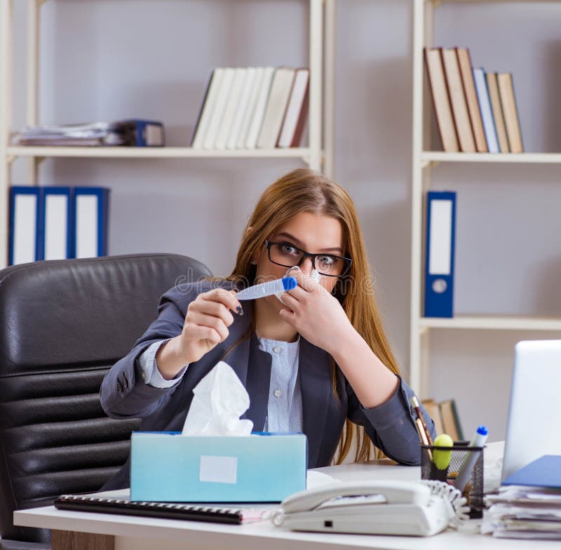 Businesswoman Employee Sick in the Office Stock Photo - Image of desk ...