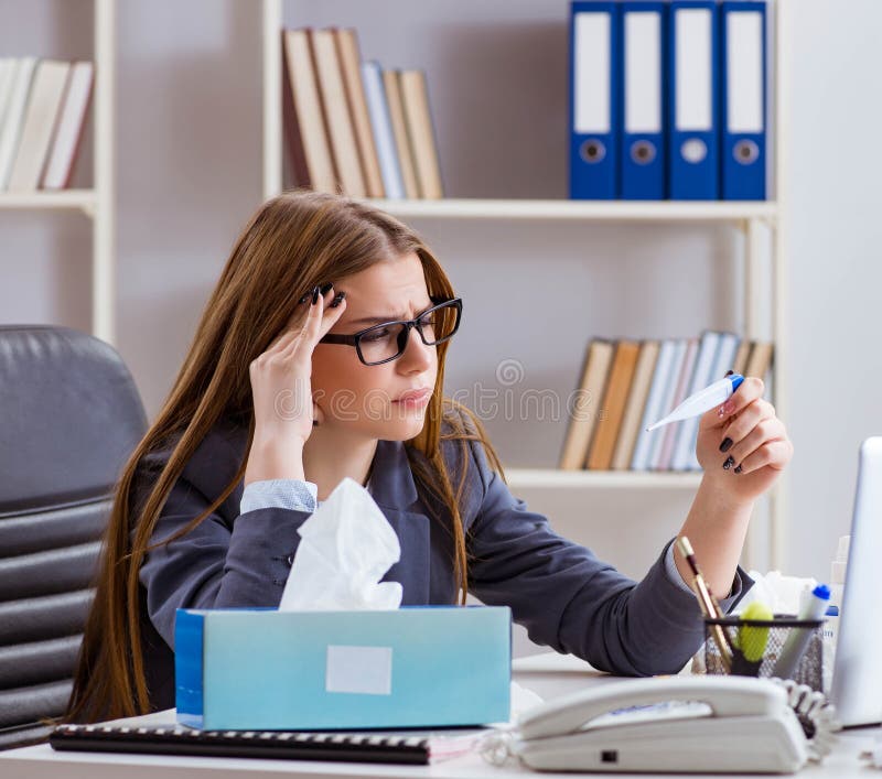 Businesswoman Employee Sick in the Office Stock Image - Image of laptop ...