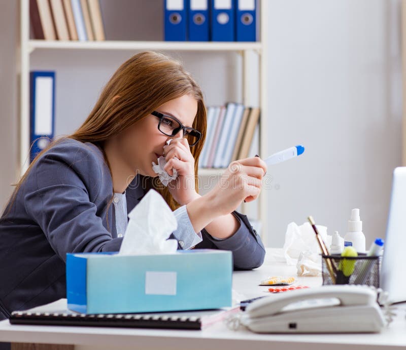 Businesswoman Employee Sick in the Office Stock Image - Image of cold ...