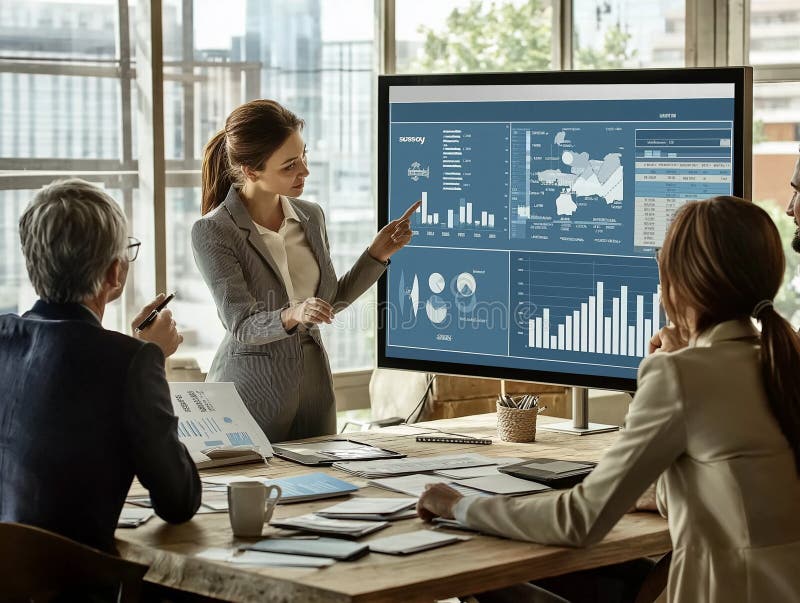 Team Collaboration in a Modern Office during a Presentation on Data ...