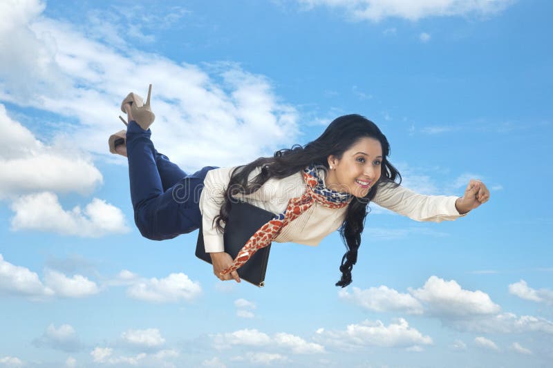 Businesswoman Flying in Air Stock Image - Image of front, cloud: 36387533