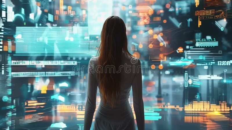 Businesswoman Analyzing Data on Multiple Monitors in Futuristic Office ...