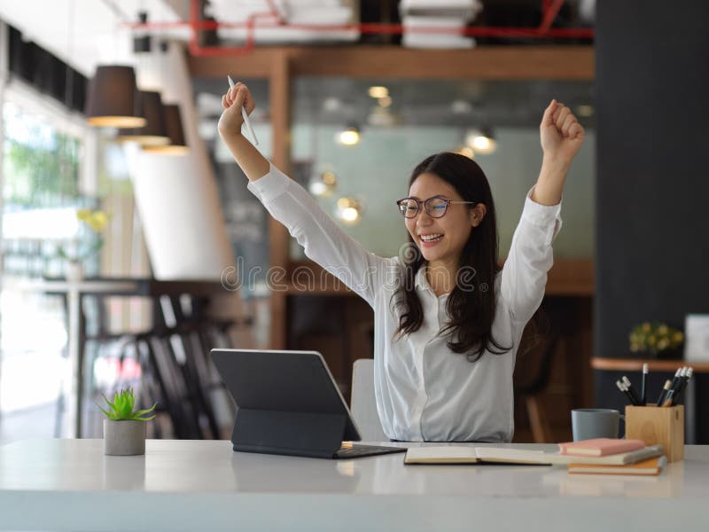 Businesswoman Getting Exited about the Work Project in Office Room ...