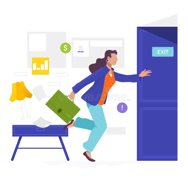 Businesswoman Going Exit Door Sign, Emergency. Business Solution or ...