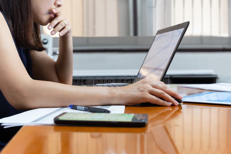 Businesswoman Hand Clicking Mouse Working with Laptop. Stock Image ...