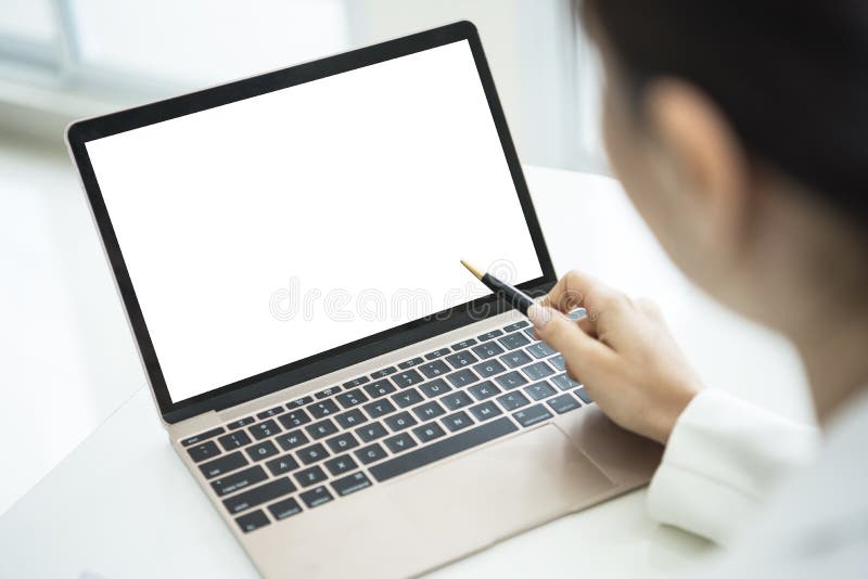 Businesswoman Hand Point on Laptop Computer with Empty White Stock ...