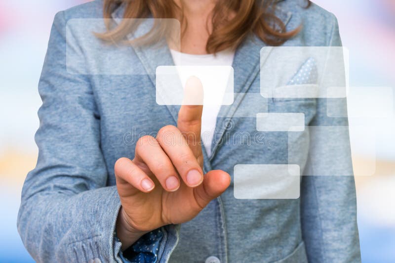 Businesswoman Hand Pressing Modern Touch Screen Button Stock Photo ...