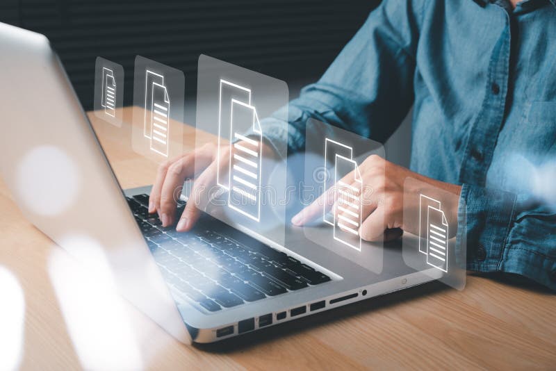 Businesswoman Hand Using Laptop Computer with Document Management Icon ...