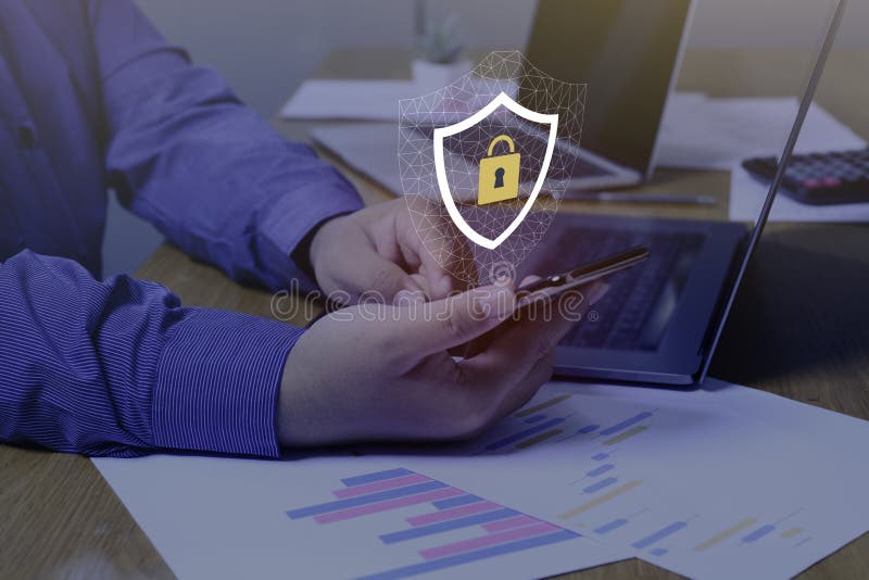 Businesswoman Hand Using Mobile with Data Protection, Cyber Security ...