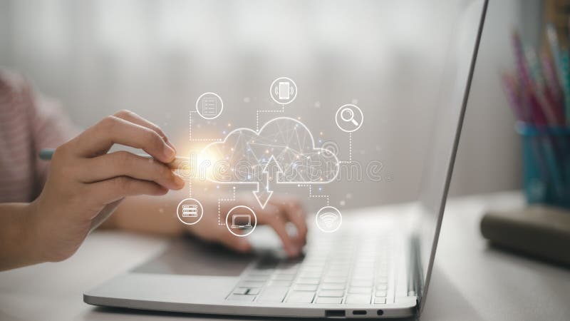 Businesswoman Hand Working with a Cloud Computing Diagram on the New ...