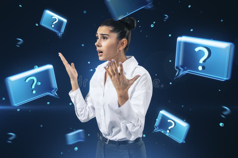 Businesswoman with Hands Raised in Question, Question Marks Floating ...