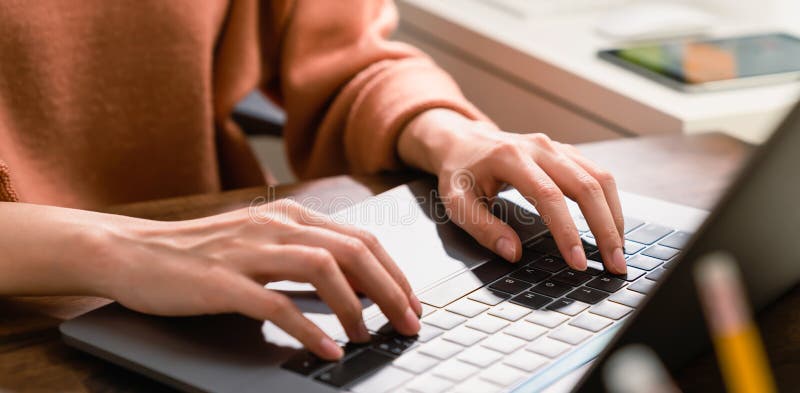 Businesswoman Hands Using Laptop Computer with the Press Keyboard at ...