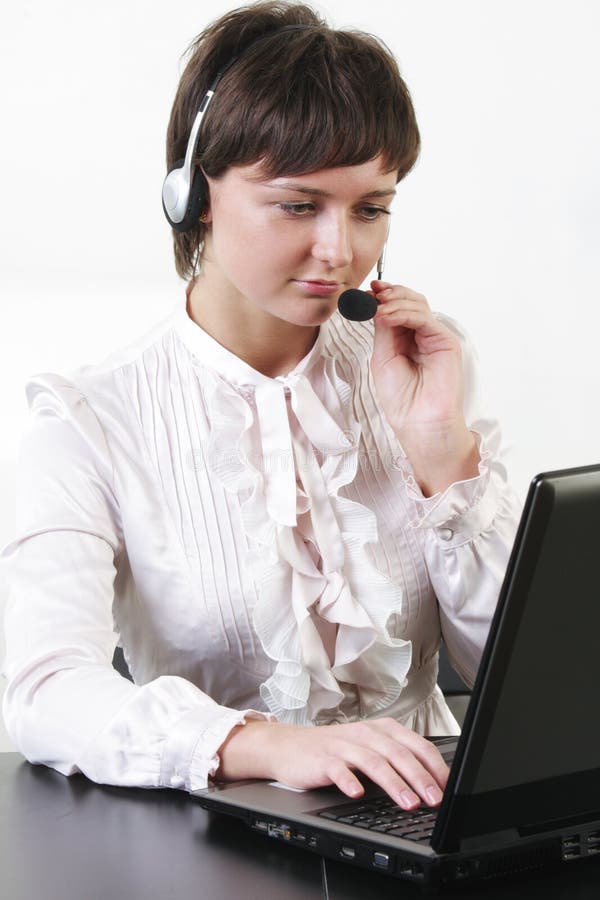 Businesswoman with Headset Working at Computer Stock Photo - Image of ...