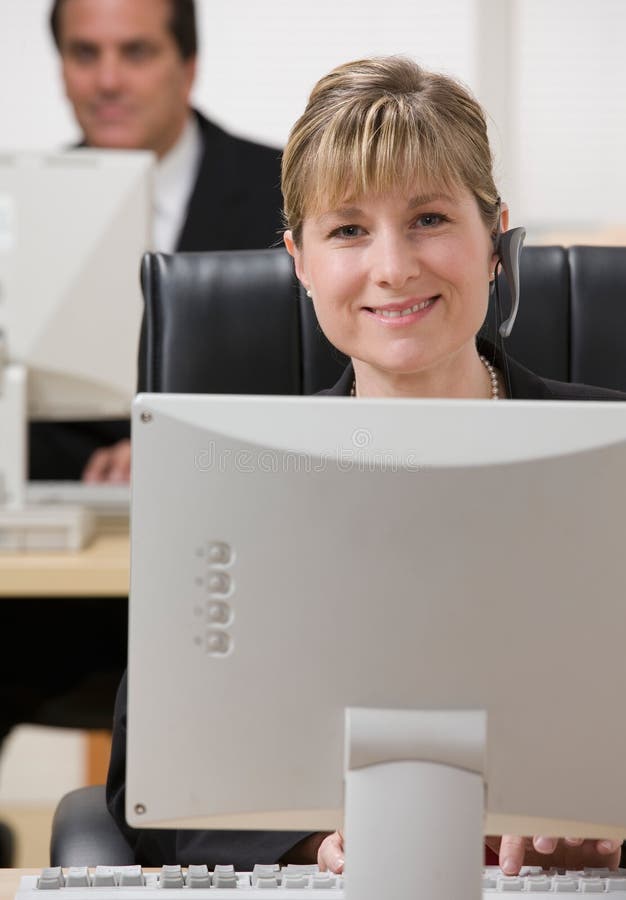 Woman in Headset Working at Computer Stock Image - Image of customer ...
