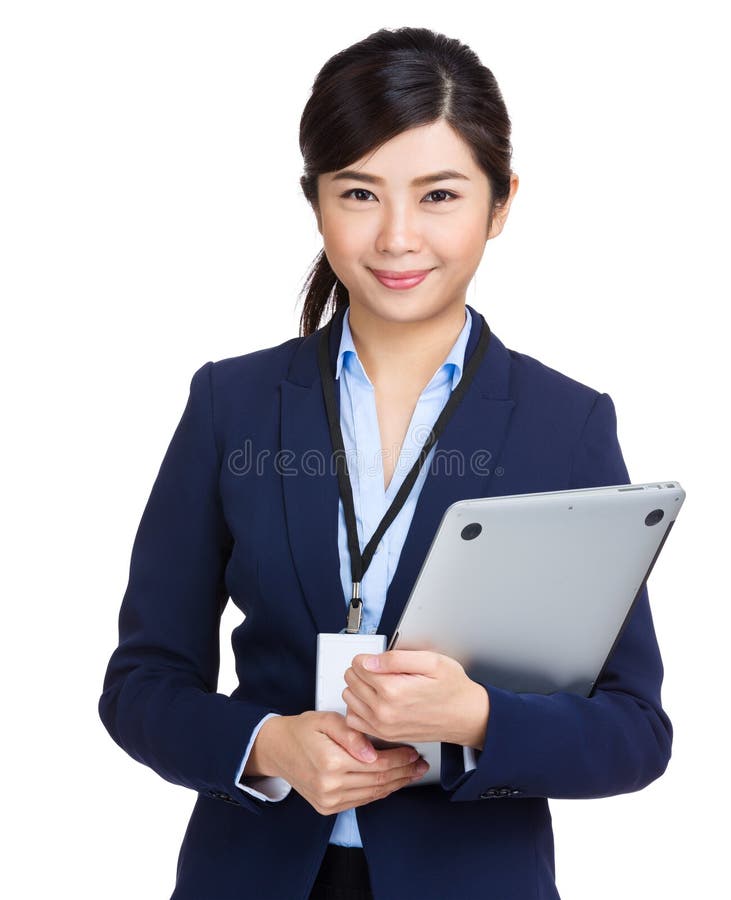 Businesswoman Holding Laptop Computer Stock Photo - Image of computer ...