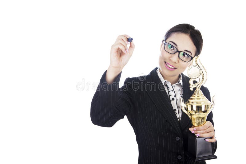 Businesswoman Holding Trophy Writing on Copyspace Stock Photo - Image ...
