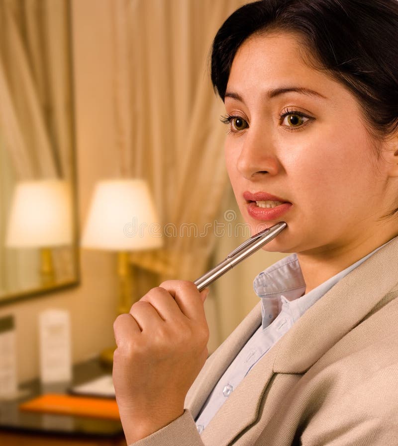 Businesswoman in a Hotel Thinking Stock Image - Image of room ...