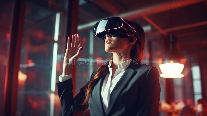 Businesswoman Immersed in a Virtual Reality Simulator, Generative AI ...