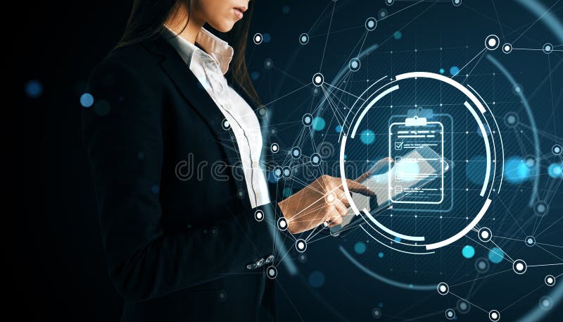 Businesswoman Interacting with Digital Interface Displaying Data ...