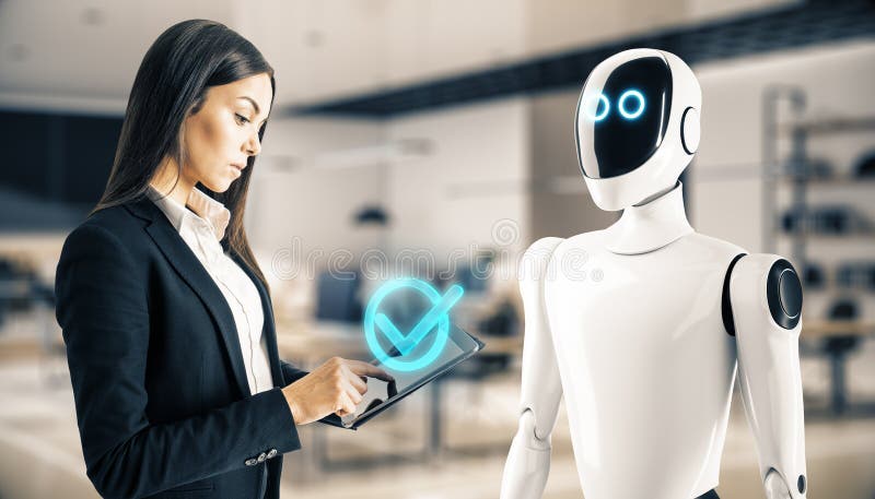 Businesswoman Interacting with Humanoid Robot Holding a Tablet Inside ...