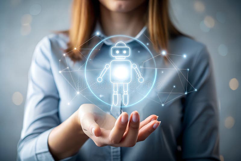 Businesswoman Interacting with Virtual Robot Displaying Questions and ...