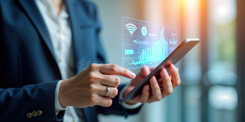 Businesswoman Interacts with Smartphone Displaying Innovative Online ...