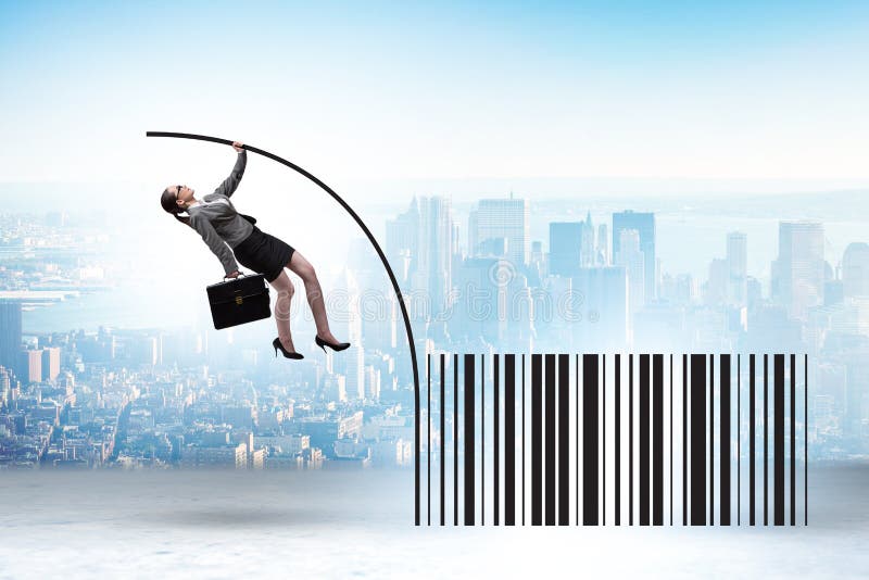 Businesswoman Jumping Over Bar Code in Pole Vaulting Stock Photo ...