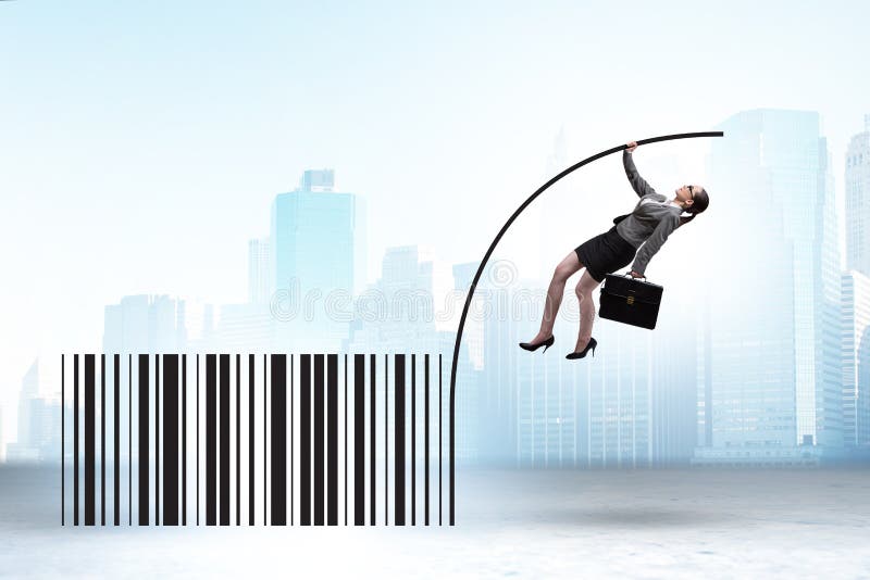 Businesswoman Jumping Over Bar Code in Pole Vaulting Stock Photo ...