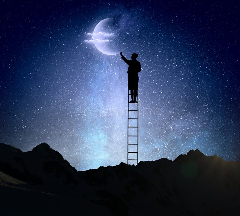 Businesswoman on Ladder Reaching Moon Stock Photo - Image of euro ... Businesswoman on Ladder Reaching Moon Stock Photo - Image of euro ...