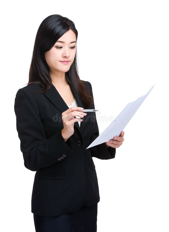 Businesswoman Look at Paper Stock Photo - Image of concentrate ...
