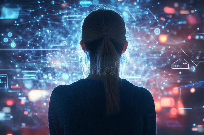Businesswoman Looking at Futuristic Interactive Screen Analyzing Big ...