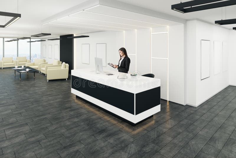 Businesswoman in Modern Office Lobby Stock Photo - Image of area ...