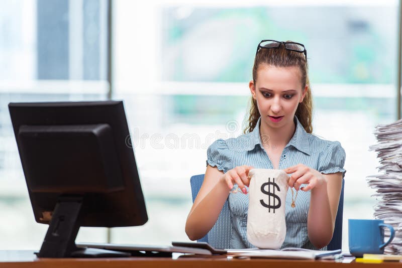 The Businesswoman with Money Sacks in the Office Stock Image - Image of ...