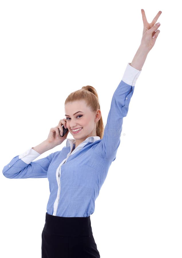 Businesswoman with Phone and Victory Gesture Stock Image - Image of ...