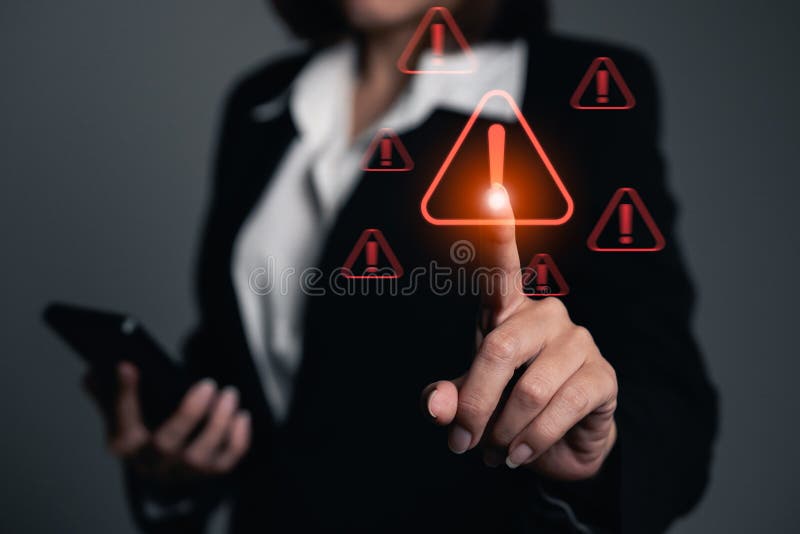 Businesswoman Point Finger Touching Virtual Screen Icon Caution Warning ...